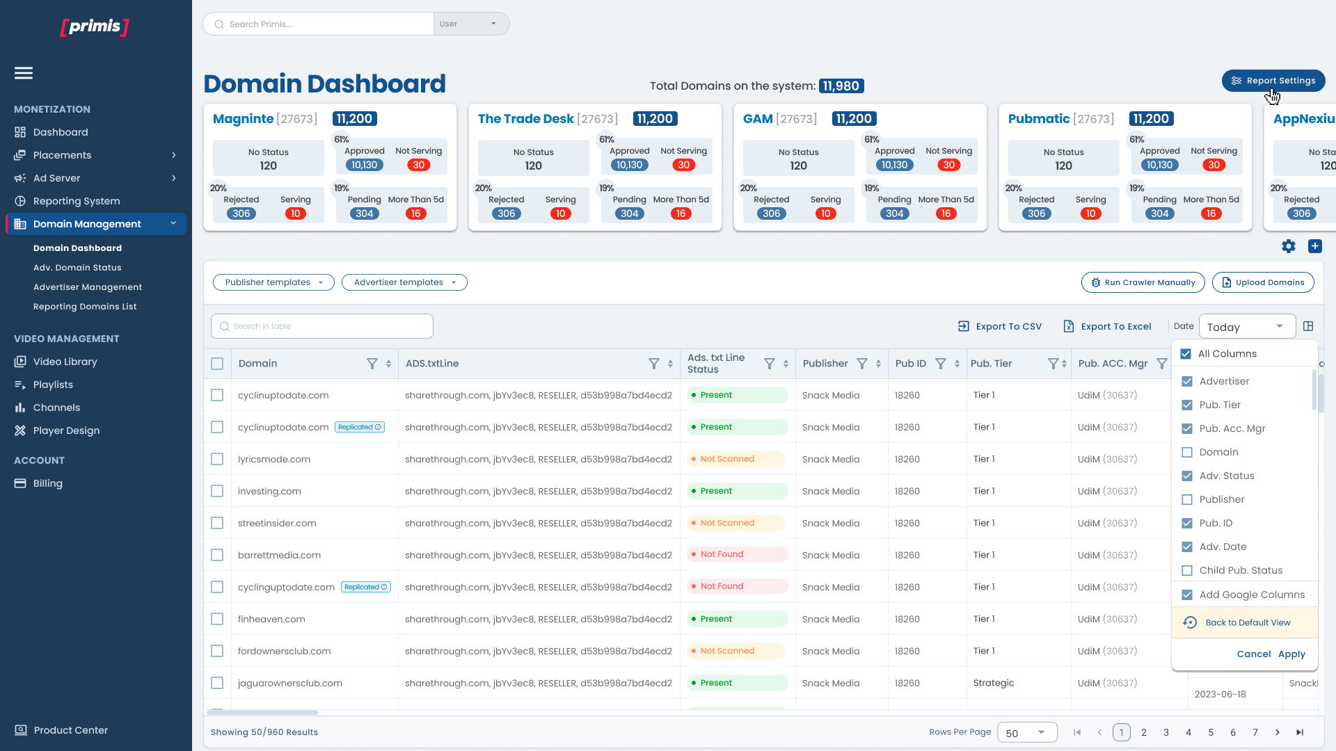Primis: Domain Dashboard – SSPs Domain Management Hub – Online Portfolio